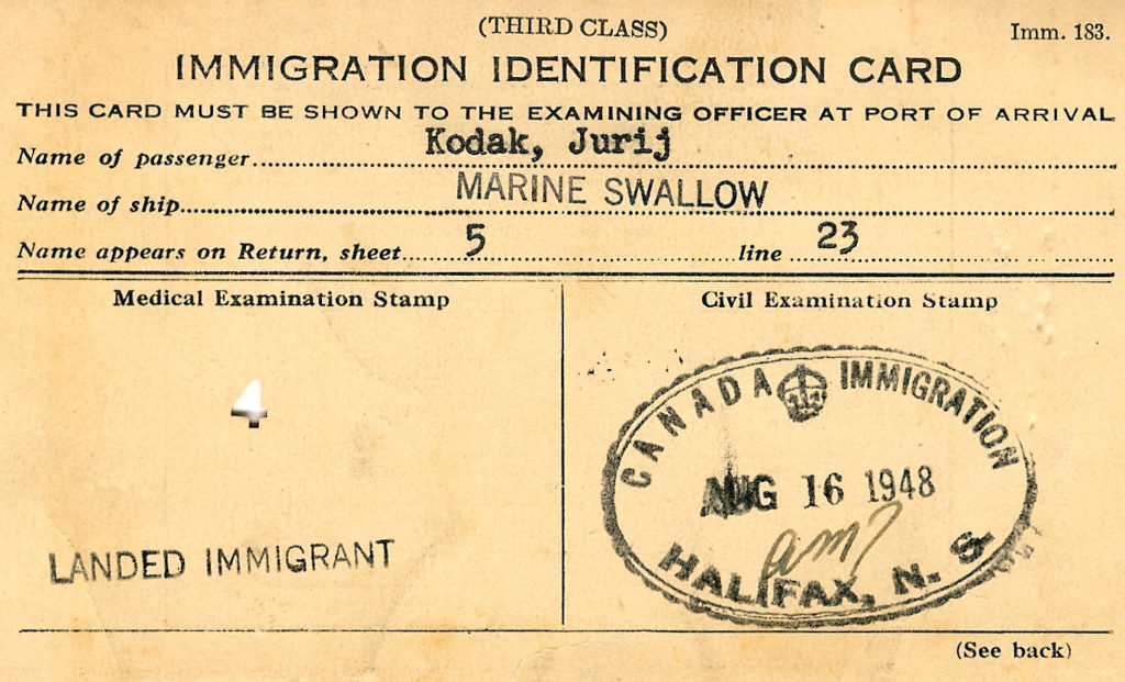 Immigration Identification Card - Yurii (George) Kodak